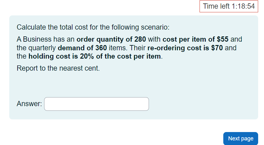 Solved Calculate the total cost for the following scenario: | Chegg.com
