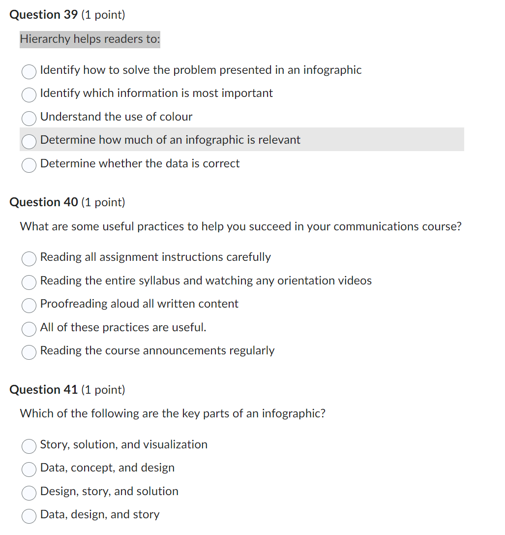 Solved Question 39 (1 ﻿point)Hierarchy helps readers | Chegg.com