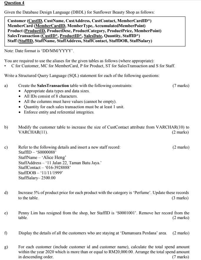 Solved Question 4 Given The Database Design Language Dbdl 