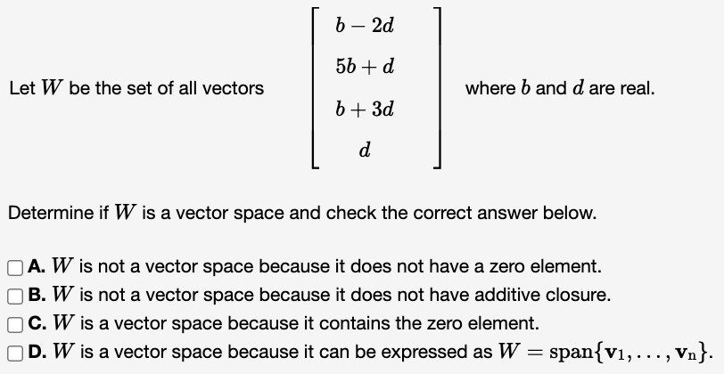 Solved b-2d 5b + d Let W be the set of all vectors where b | Chegg.com