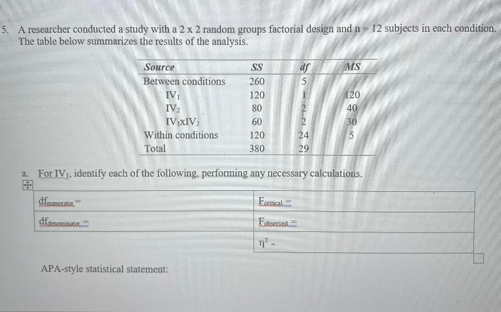 Solved 5. A researcher conducted a study with a 2 x 2 random | Chegg.com