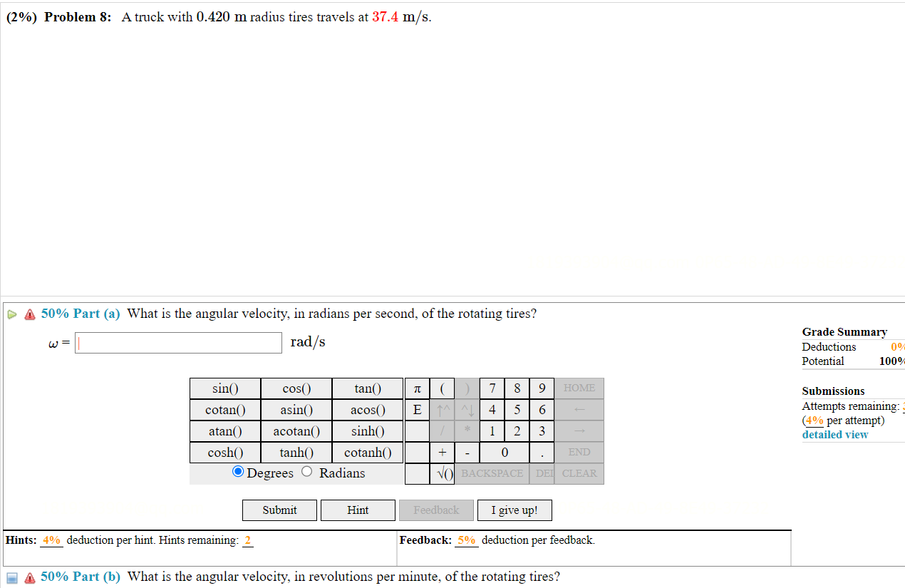 Solved (2\%) Problem 8: A truck with 0.420 m radius tires | Chegg.com