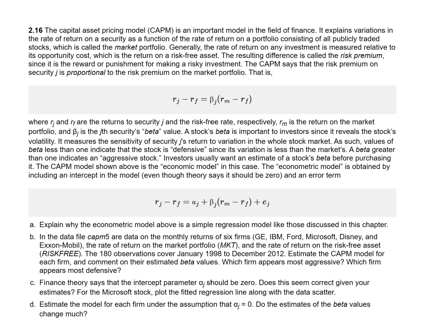 Solved 2.16 The capital asset pricing model (CAPM) is an | Chegg.com
