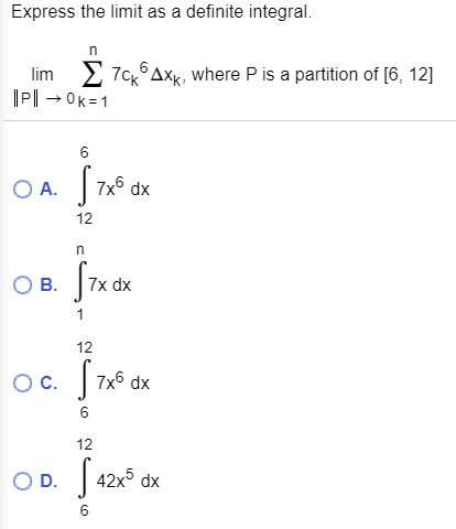 Solved Express the limit as a definite integral. n lim Σ | Chegg.com