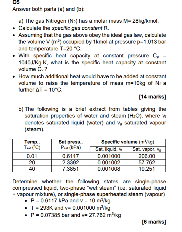 Solved Q5 Answer both parts (a) and (b) a) The gas Nitrogen | Chegg.com