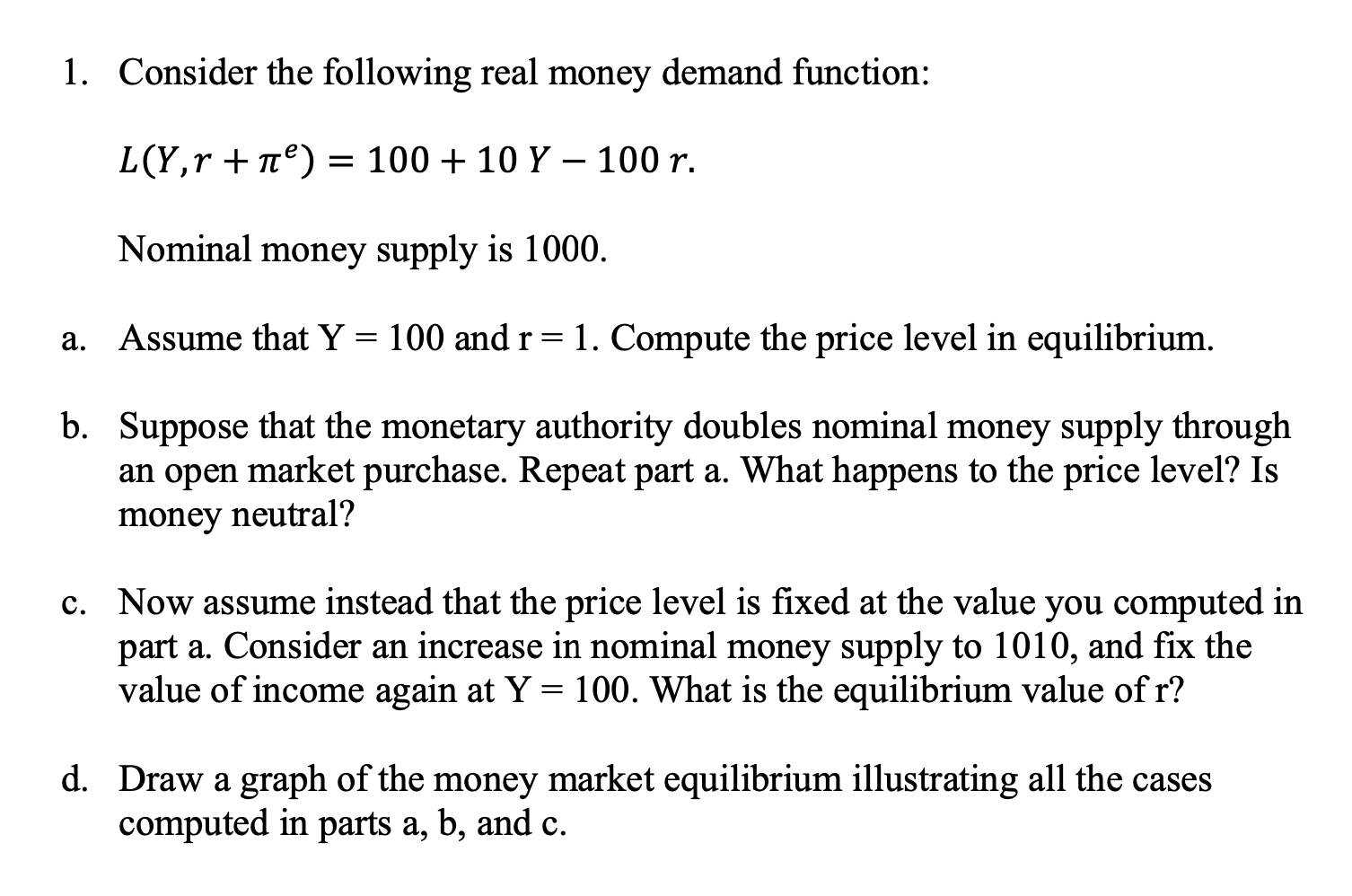 Solved 1. Consider the following real money demand function: | Chegg.com