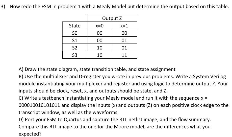 Solved 3) Now redo the FSM in problem 1 with a Mealy Model | Chegg.com