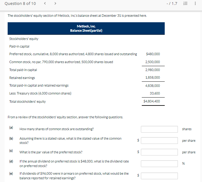Solved Question 8 of 10 The stockholders' equity section of | Chegg.com