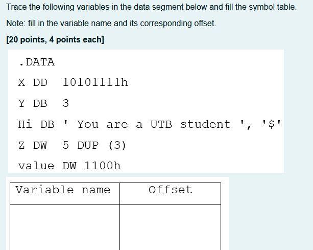 Trace the following variables in the data segment | Chegg.com