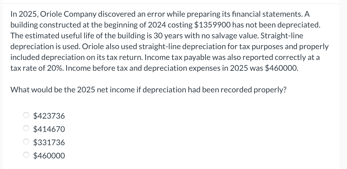 Solved In 2025, Oriole Company discovered an error while | Chegg.com