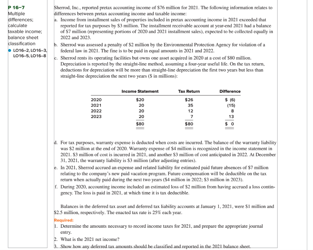 P 16-7 Multiple differences; calculate taxable | Chegg.com