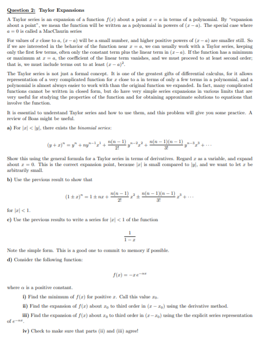 Question 2: Taylor Expansions A Taylor series is an | Chegg.com