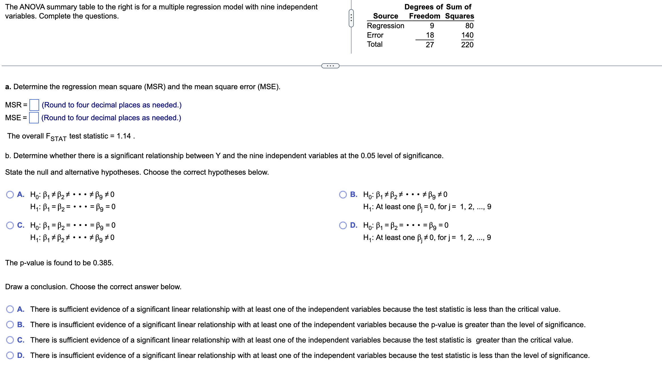 Solved The ANOVA summary table to the right is for a | Chegg.com