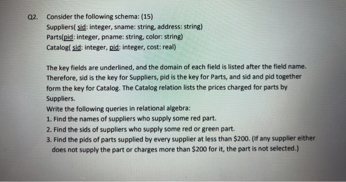 Solved Consider the following schema: (15) Suppliers( sid: | Chegg.com