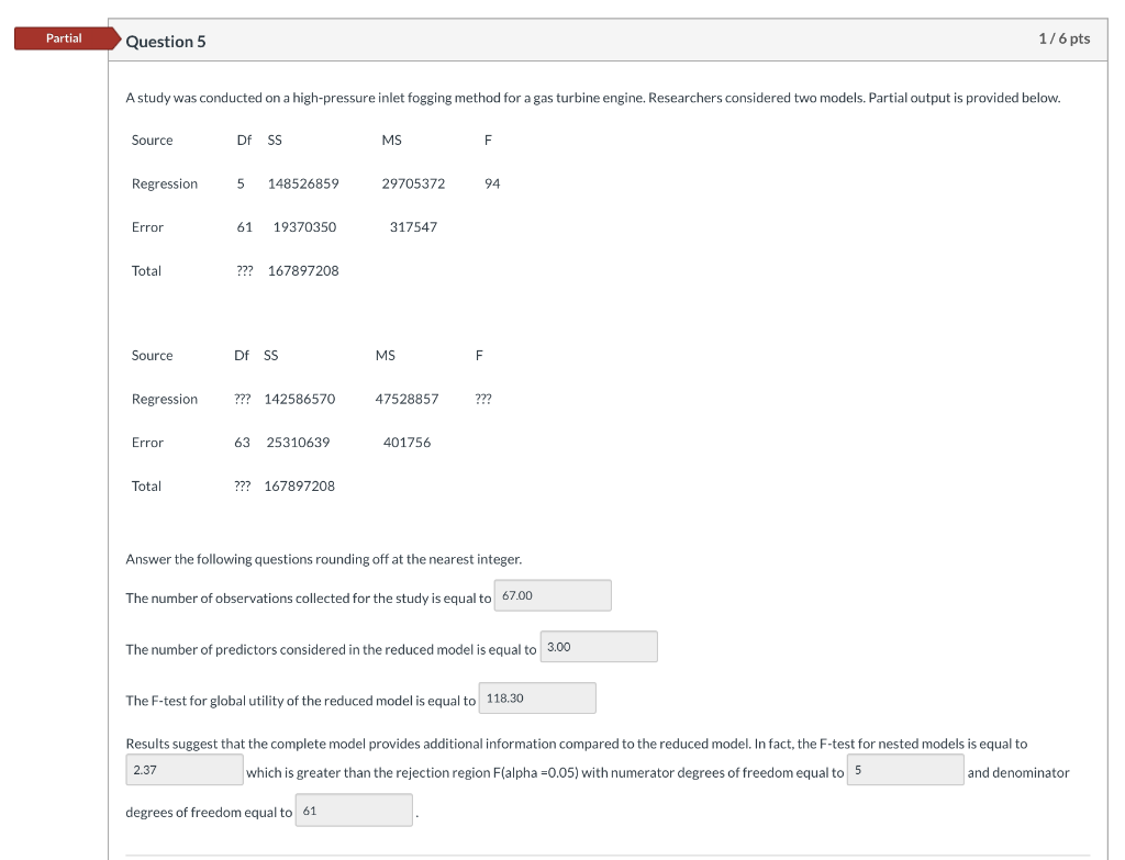 Solved Partial Question 5 1/6 pts A study was conducted on a | Chegg.com