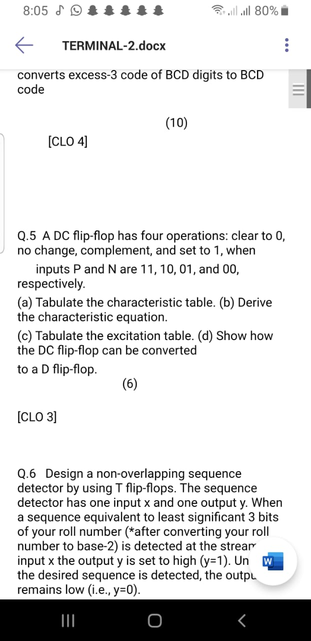 Solved 8:05 . .l 80% f TERMINAL-2.docx converts excess-3 | Chegg.com