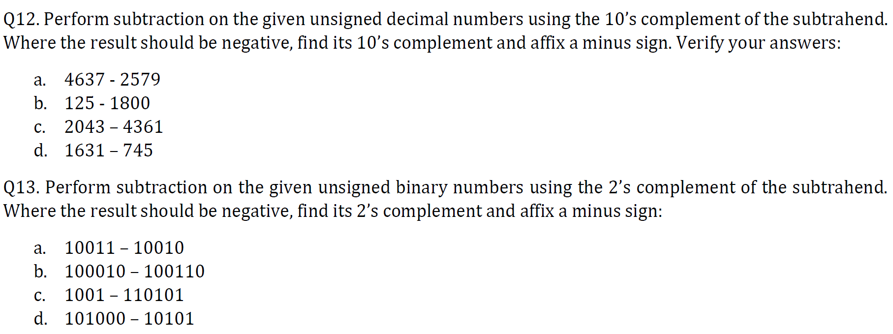 Solved Perform Subtraction On The Given Unsigned Decimal Chegg