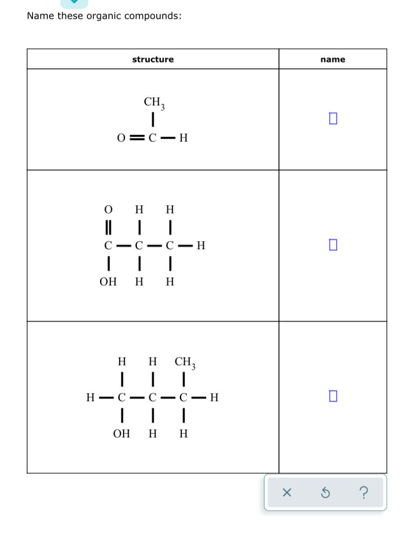 Solved Name these organic compounds: structure name CH3 1 | Chegg.com