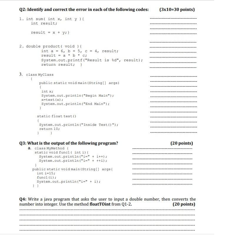 Solved Java language Q1: Write a method for each of the | Chegg.com