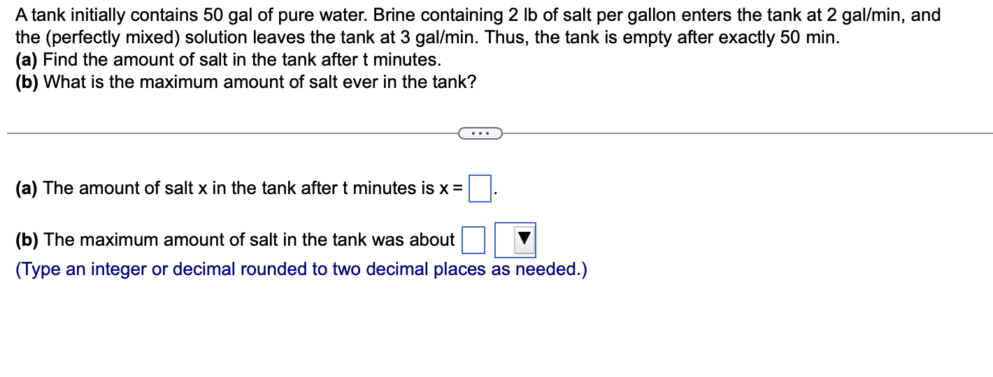 Solved A tank initially contains 50gal of pure water. Brine | Chegg.com