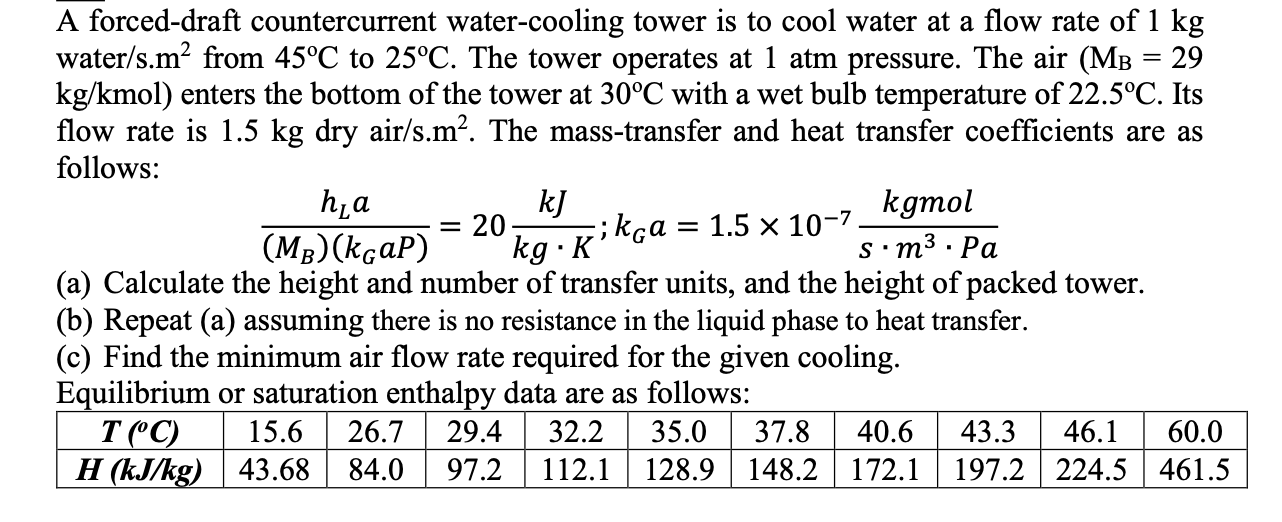 Solved A forced-draft countercurrent water-cooling tower is | Chegg.com