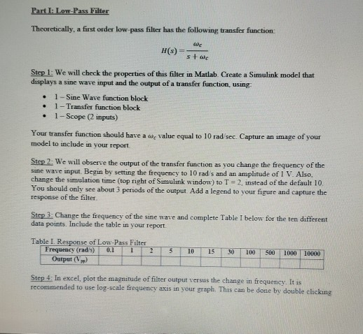 Solved Part I Low Pass Filter Theoretically, a first order | Chegg.com