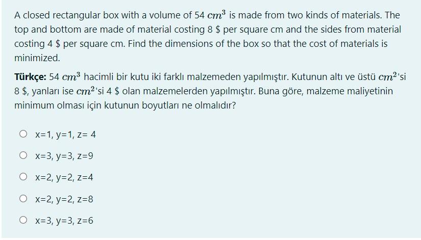 Solved A closed rectangular box with a volume of 54 cm' is | Chegg.com