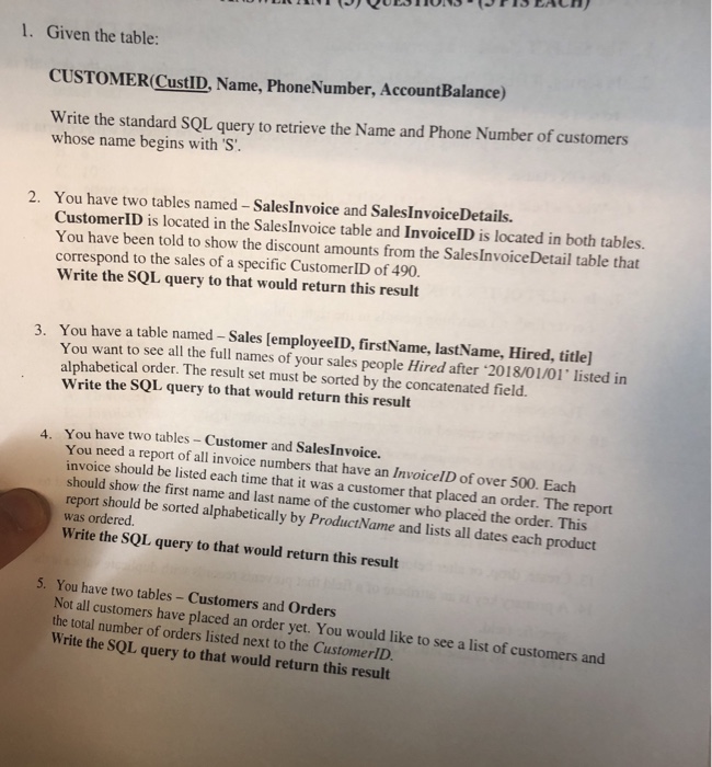 Solved 1. Given the table: CUSTOMER(CustID, Name, | Chegg.com