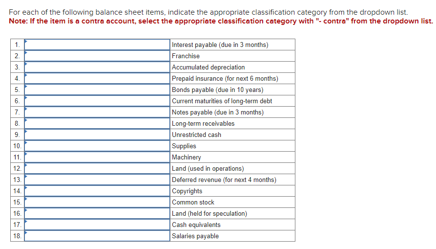 Solved For each of the following balance sheet items, | Chegg.com