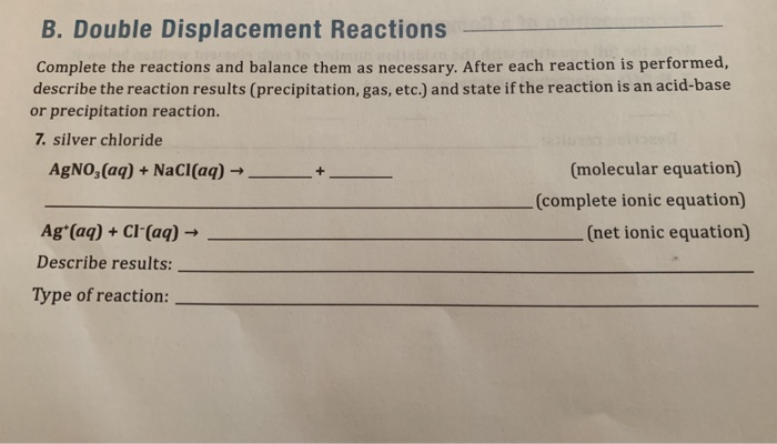 Solved B. Double Displacement Reactions Complete the | Chegg.com