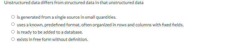 Solved Unstructured data differs from structured data in | Chegg.com