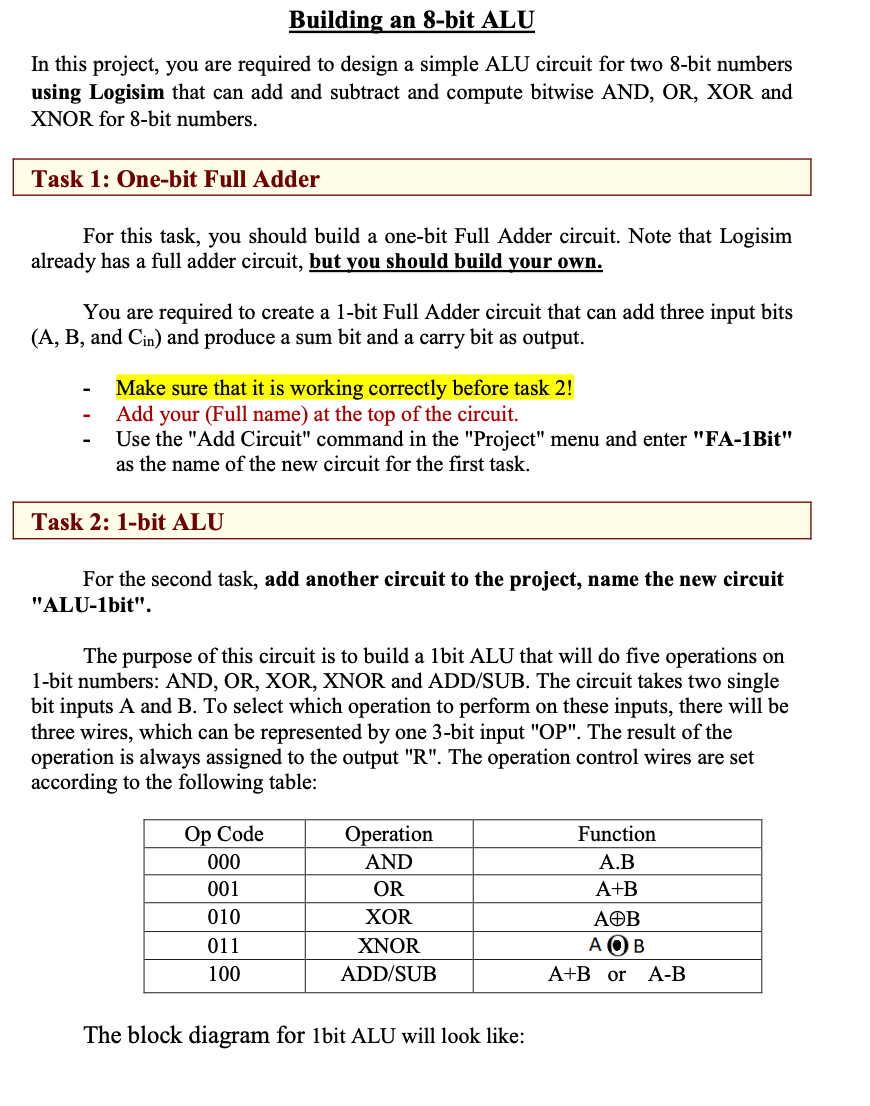Building an 8-bit ALU In this project, you are | Chegg.com
