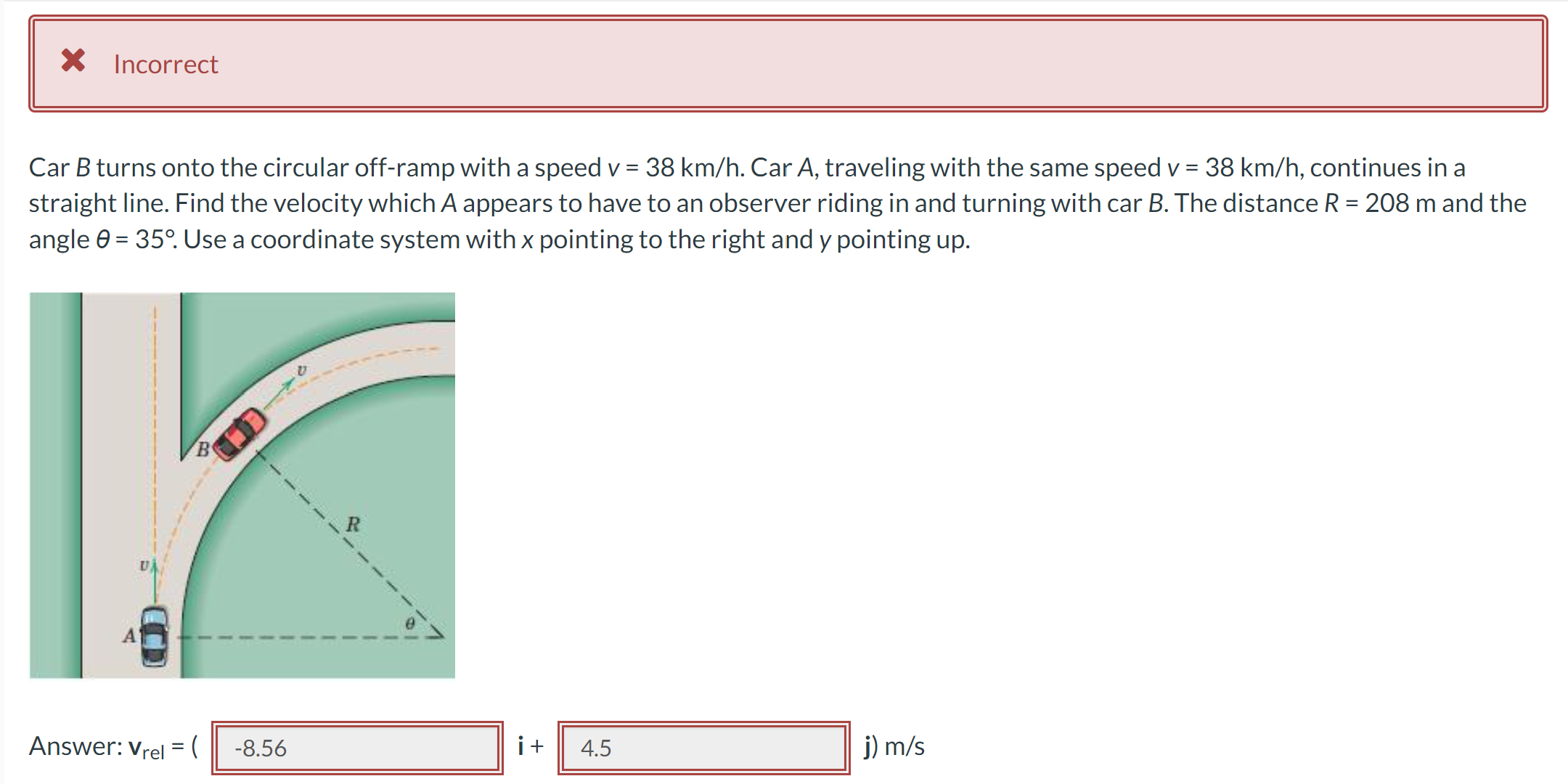 Solved Car B turns onto the circular off-ramp with a speed | Chegg.com