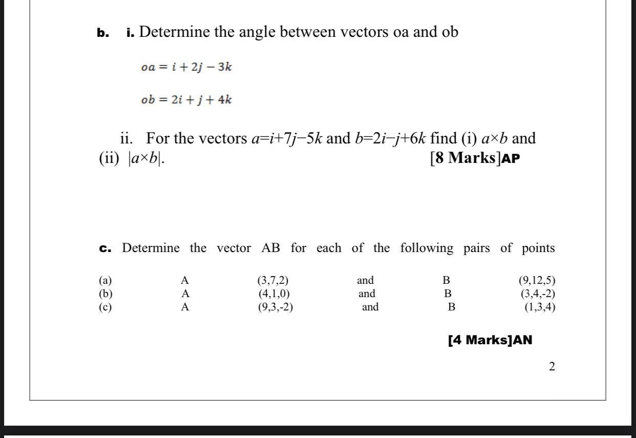 Solved b. i. Determine the angle between vectors oa and ob | Chegg.com