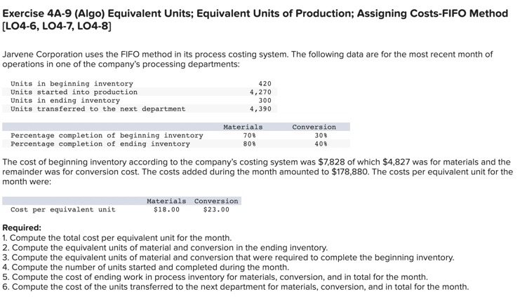 Solved Exercise 4A-9 (Algo) Equivalent Units; Equivalent | Chegg.com