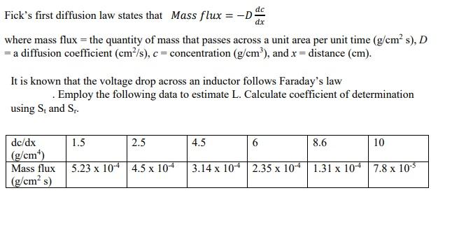 dc dx Fick's first diffusion law states that Mass | Chegg.com