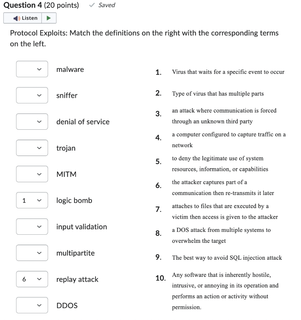 Solved Protocol Exploits: Match the definitions on the right | Chegg.com