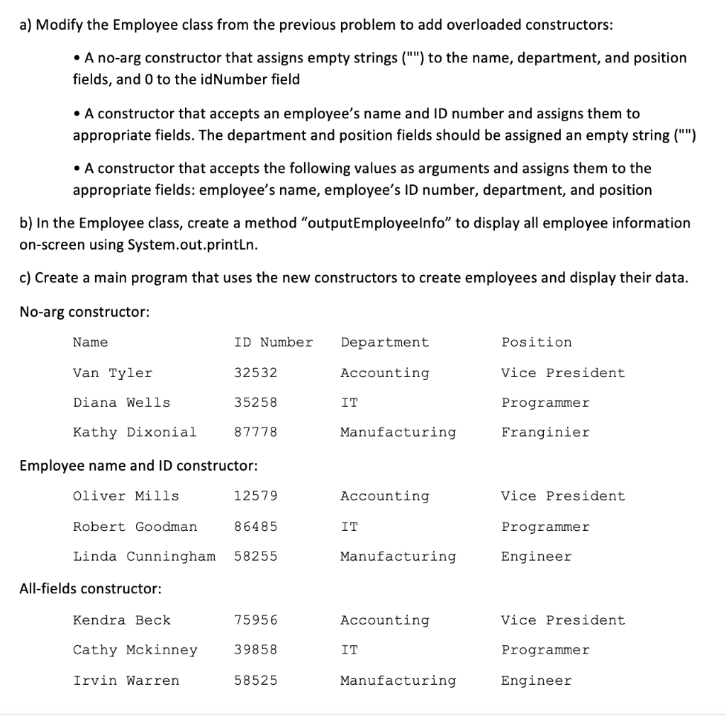 Solved FOR JAVA. Employee class from previous problem | Chegg.com Solved FOR JAVA. Employee class from previous problem | Chegg.com