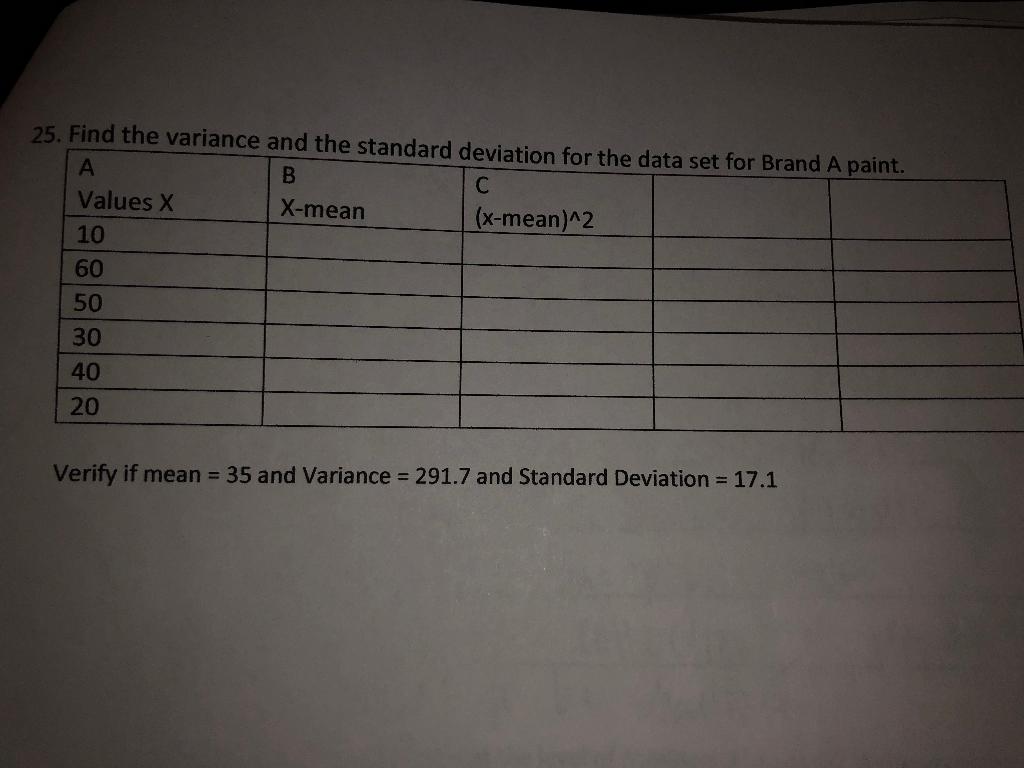 Solved 25. Find the variance and the standard deviation for | Chegg.com