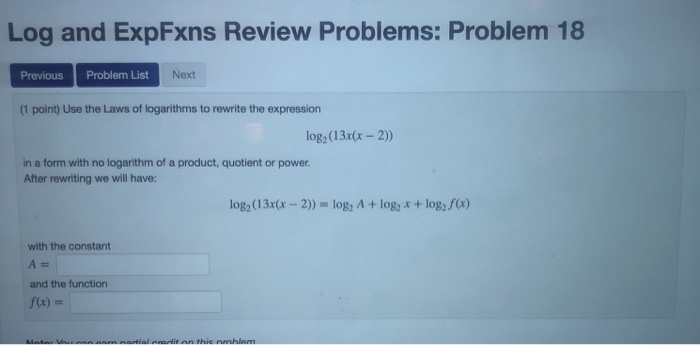 Solved Log and ExpFxns Review Problems: Problem 18 Previous | Chegg.com