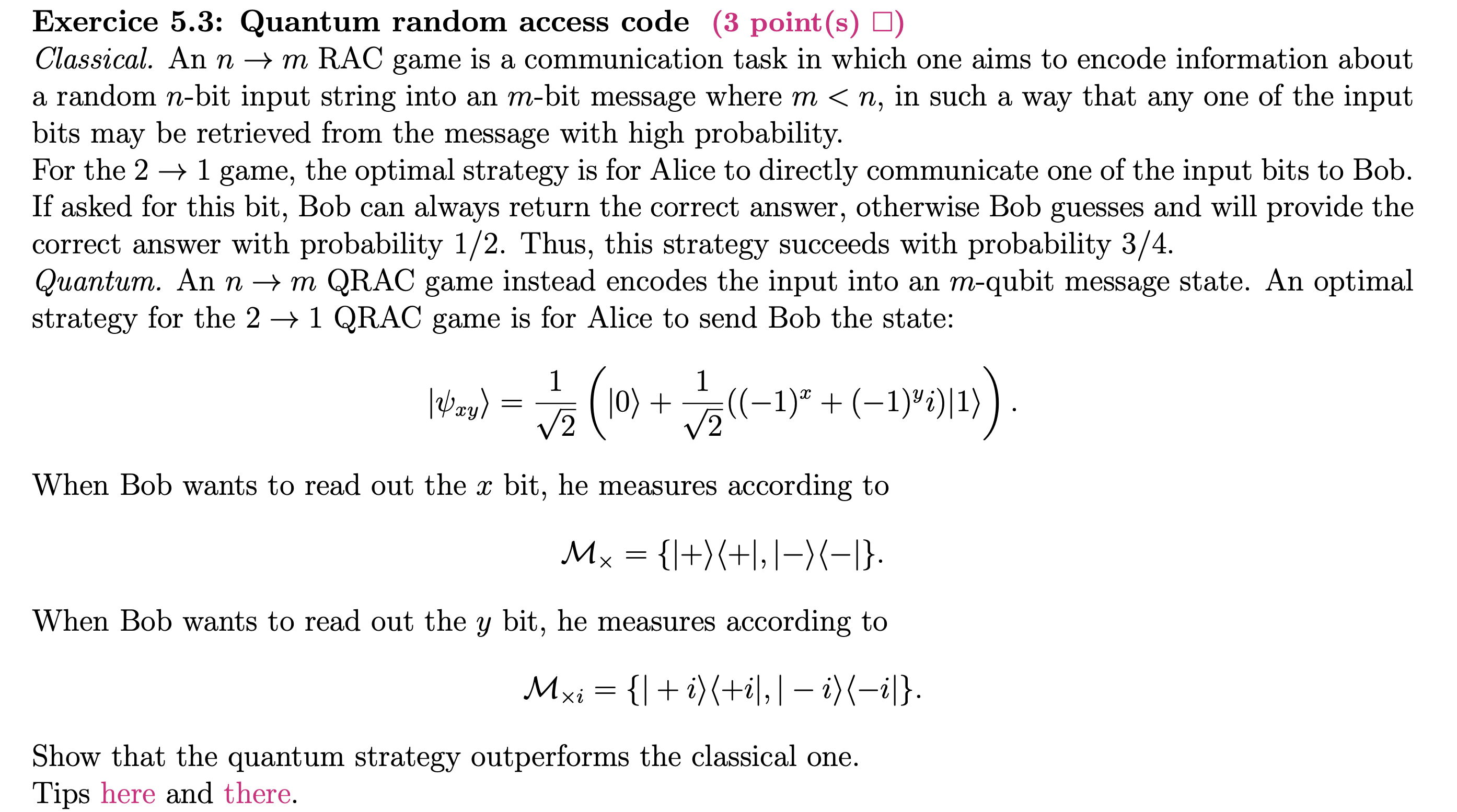 Solved Exercice 5.3: Quantum random access code (3 ﻿point(s) | Chegg.com