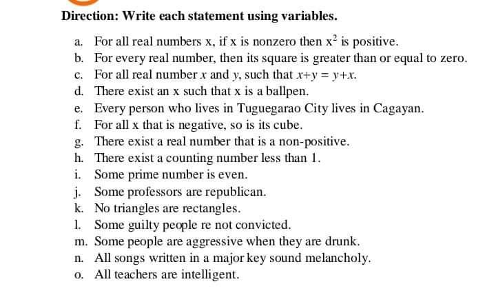 Solved Direction: Write each statement using variables. a. | Chegg.com
