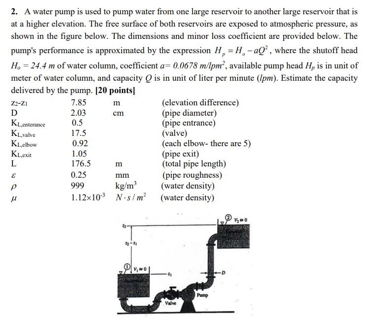 Solved 2. A water pump is used to pump water from one large | Chegg.com
