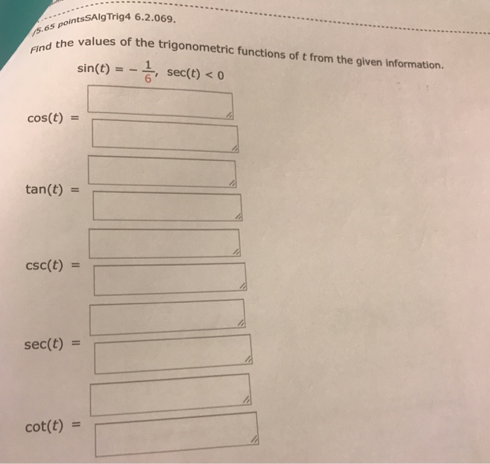 Solved Find the values of the trigonometric functions of t | Chegg.com