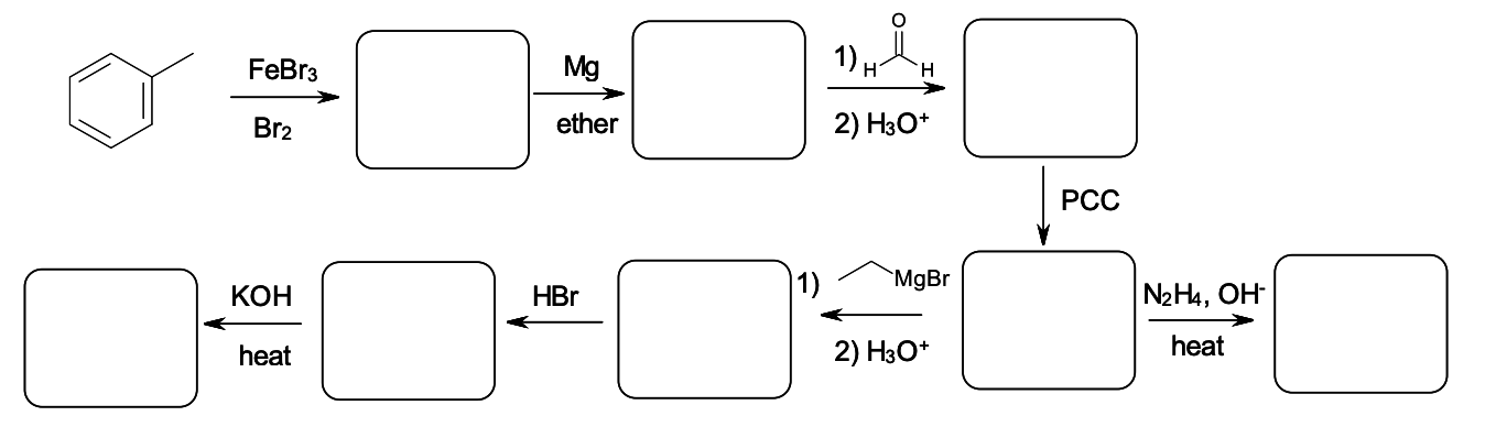 Solved FeBr3 Mg 1) H Br2 ether 2) H30+ PCC MgBr KOH HBr 1) | Chegg.com