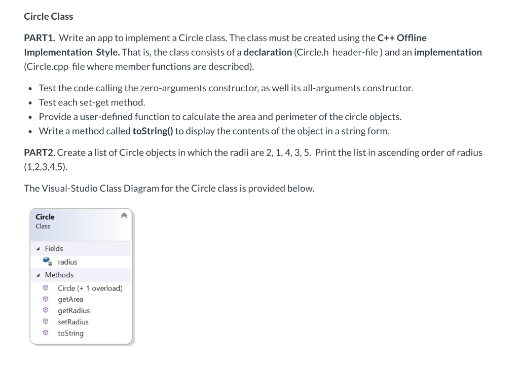 Solved PART1. Write an app to implement a Circle class. The | Chegg.com
