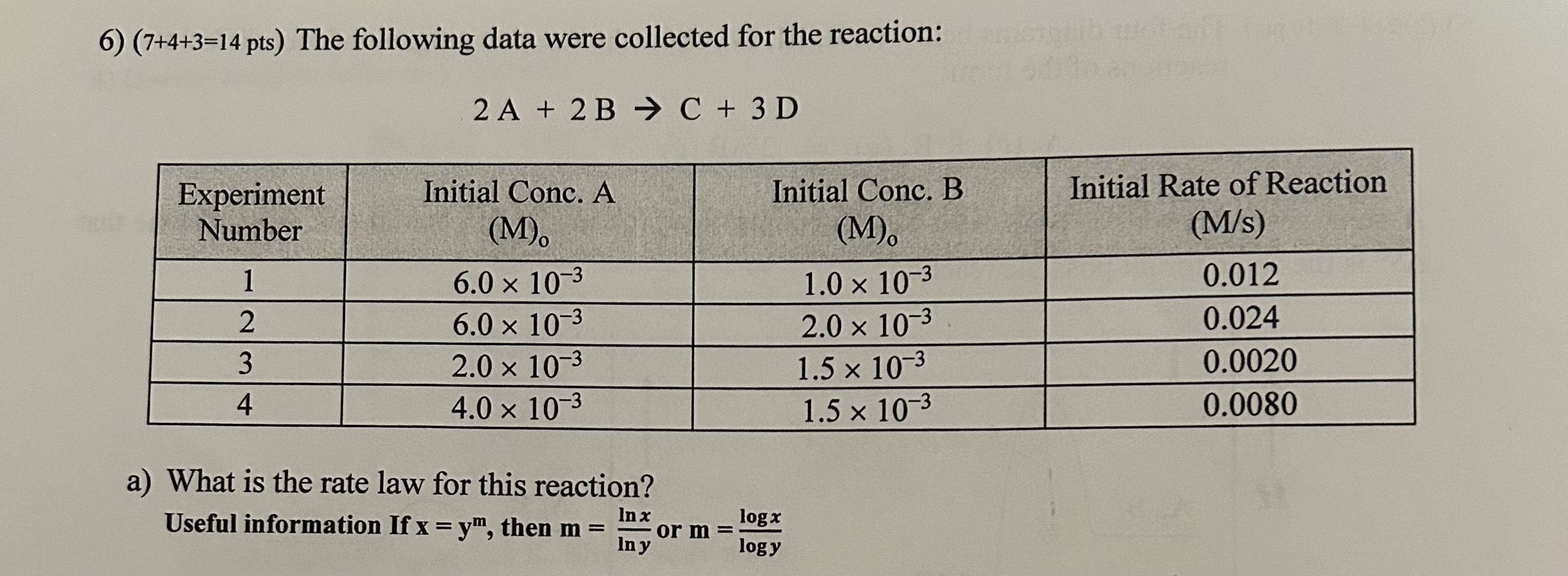 Solved 6) (7+4+3=14pts) The following data were collected | Chegg.com