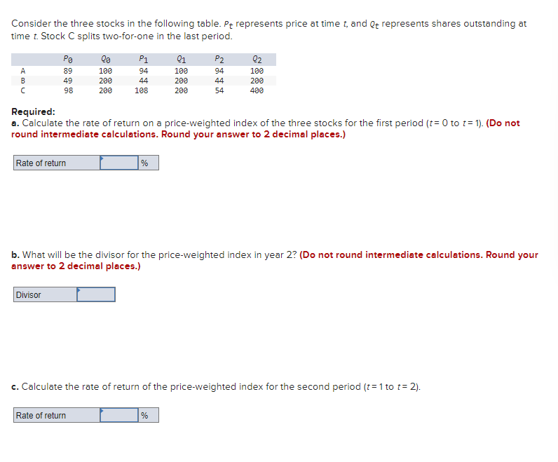 Solved Consider the three stocks in the following table. Pt | Chegg.com