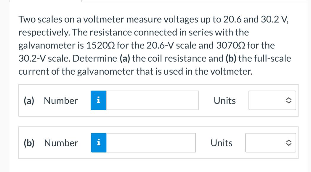 Solved Two scales on a voltmeter measure voltages up to 20.6 | Chegg.com