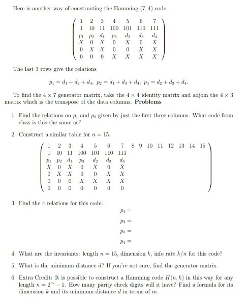 Solved Here is another way of constructing the Hamming (7, | Chegg.com